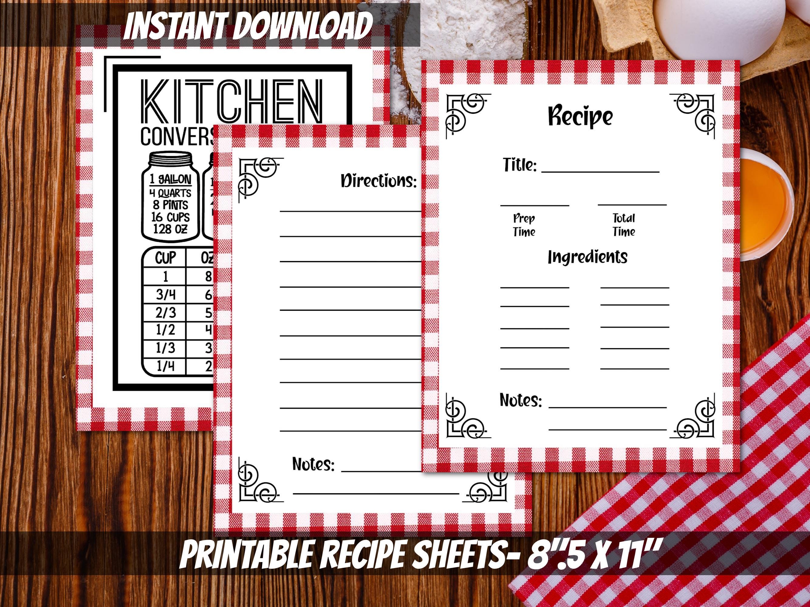 PRINTABLE Blank Recipe Sheet Gingham Classic Printable Recipe Cooking ...
