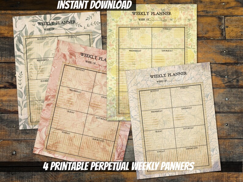 PRINTABLE Vintage Floral Perpetual Weekly Planner Calendar Organization ...