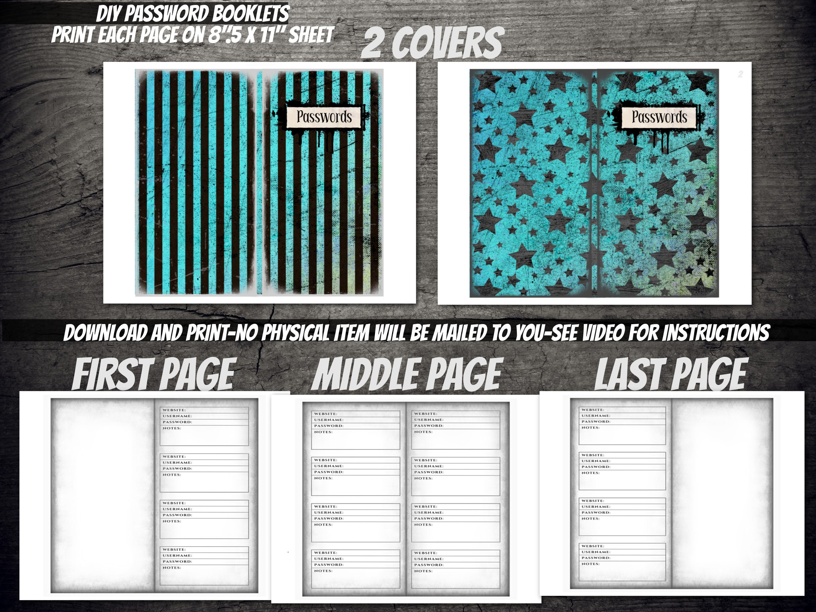 2 PRINTABLE Password Tracker Booklet Traveler Notebook Grungy Stripes ...