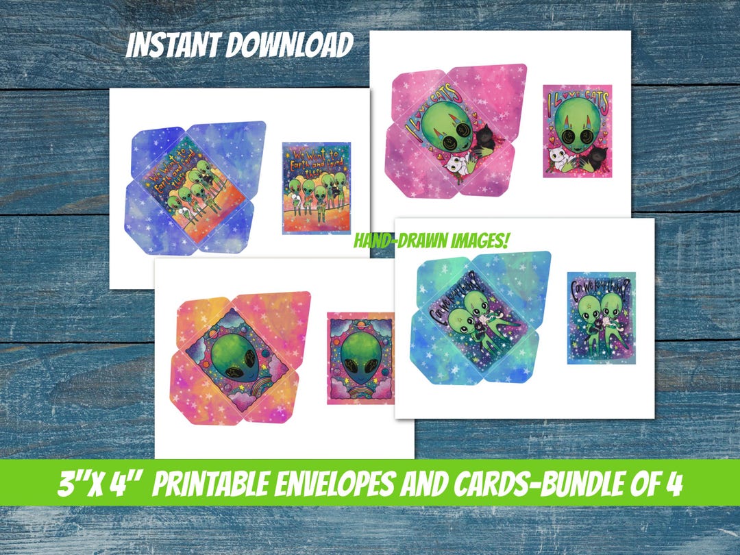 3"x4" PRINTABLE Watercolor Alien Envelope and Card Whimsical Scifi Art ...