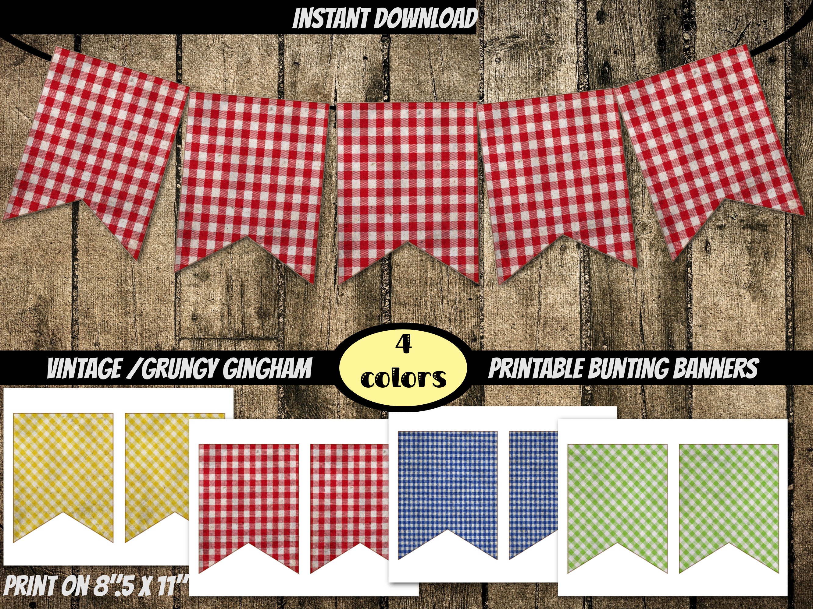 PRINTABLE Vintage Gingham Bunting Banner Digital Download Party Garland ...