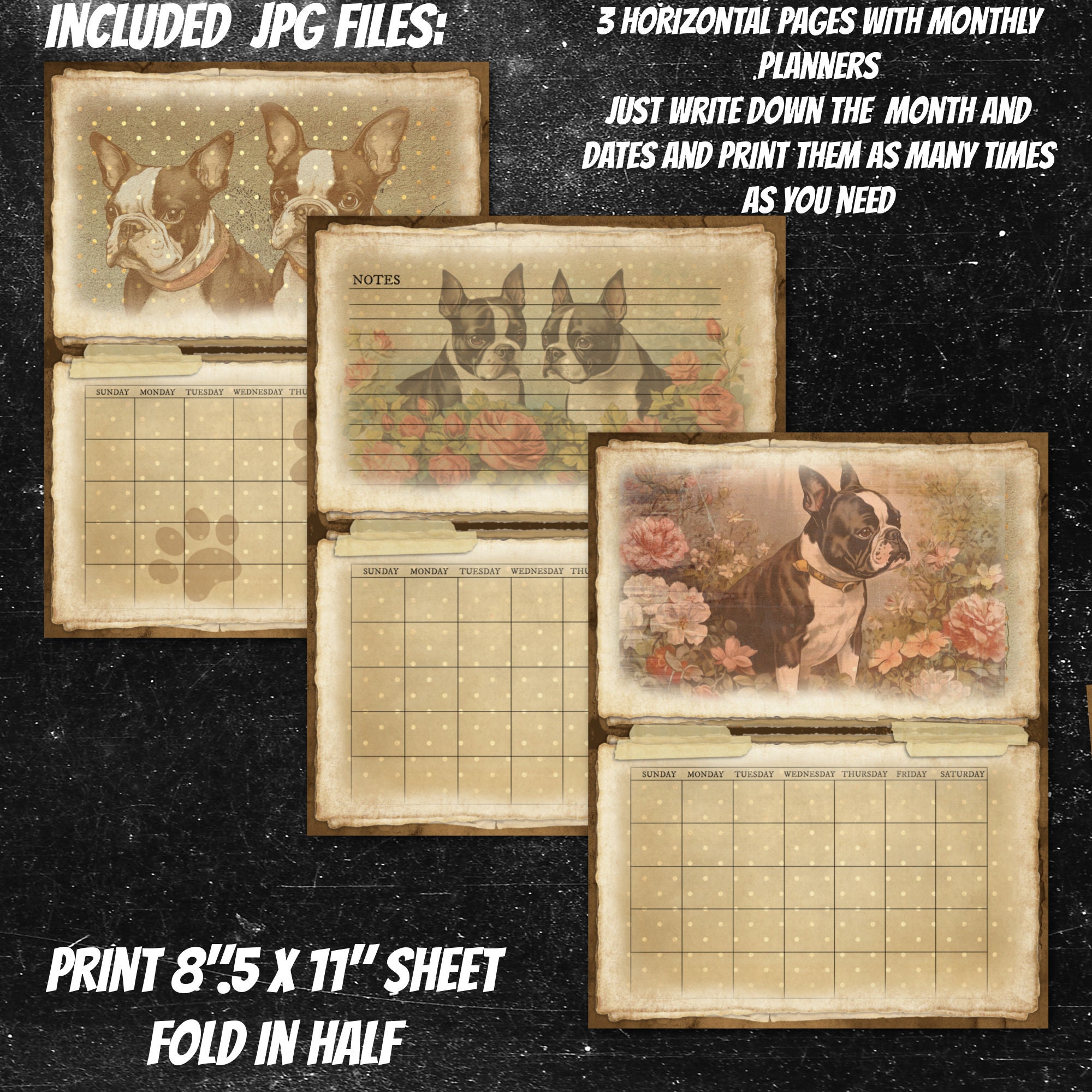PRINTABLE Boston Terrier Perpetual Calendar Planner-vintage Dog Junk ...
