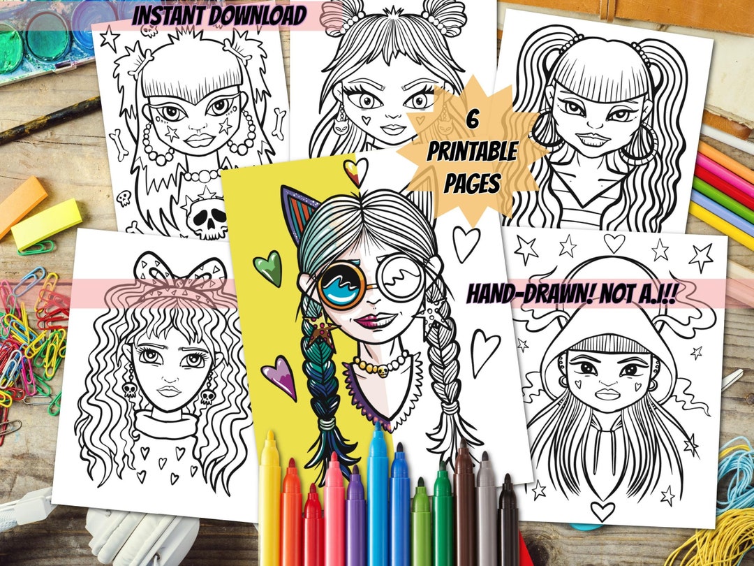 6 Printable Coloring Pages Girl's Hair Digital Coloring Sheet Relaxing ...