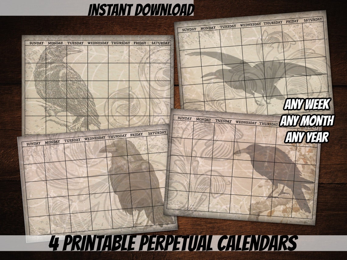 PRINTABLE Vintage Perpetual Calendar-crows Printable Planner Card-goth ...