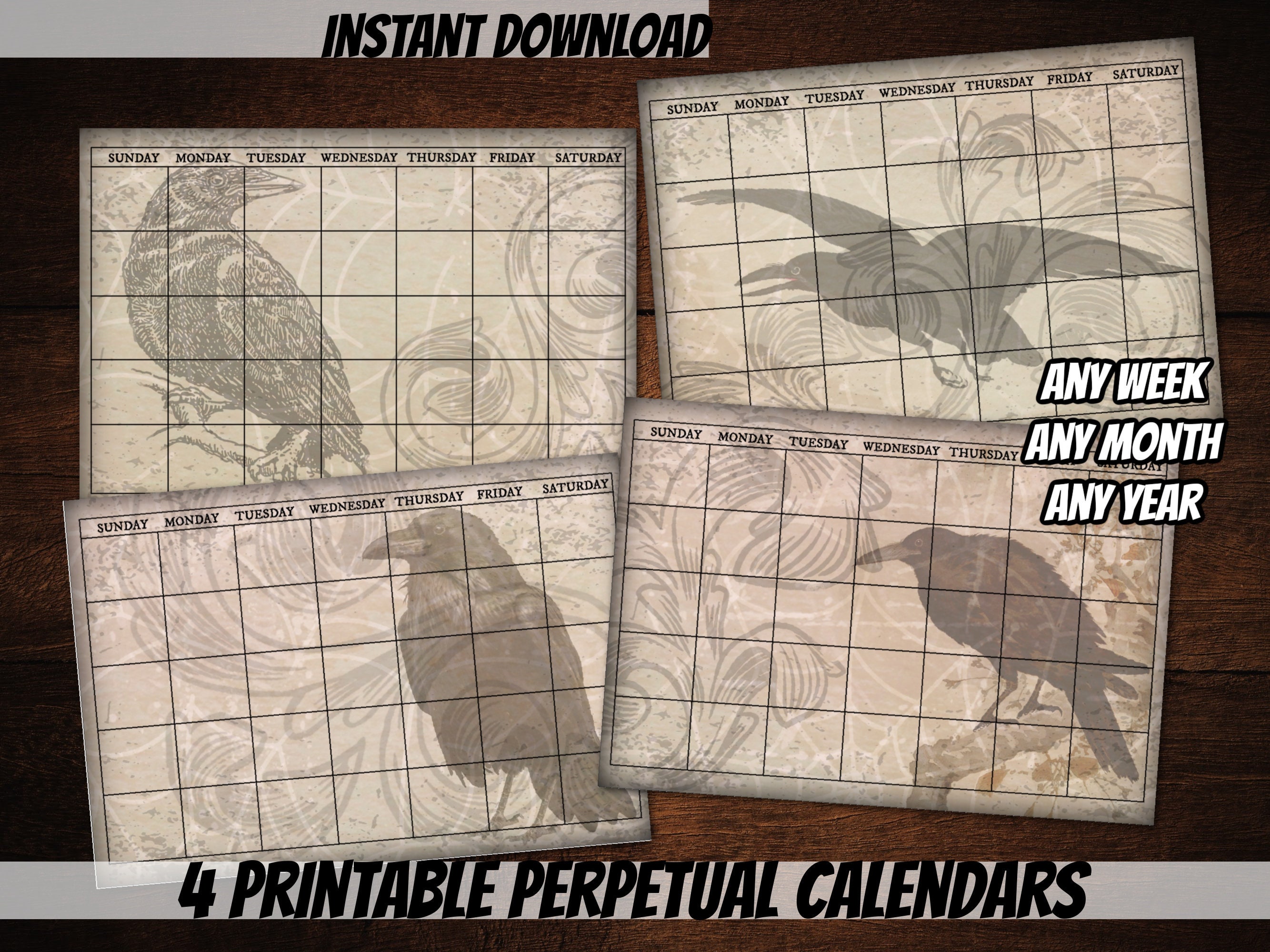 PRINTABLE Vintage Perpetual Calendar-crows Printable Planner Card-goth Calendar Cards-junk ...