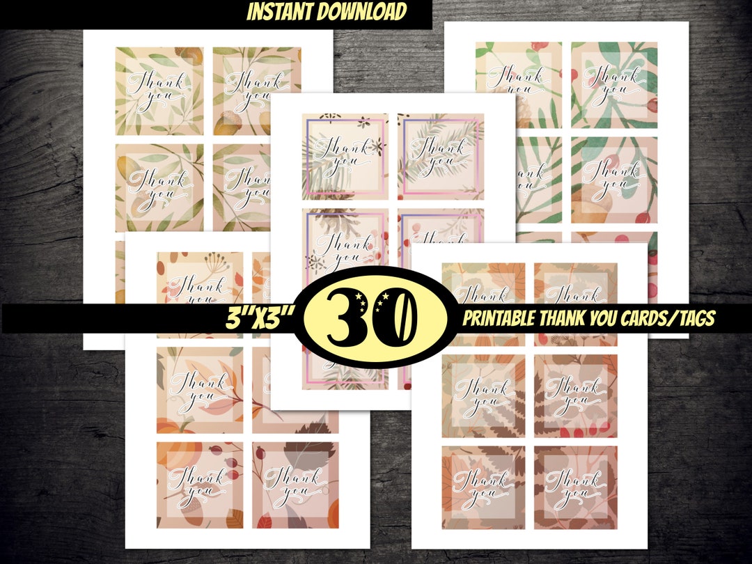 PRINTABLE Square Thank You Card Bundle-square Leaves Cards-neutral ...