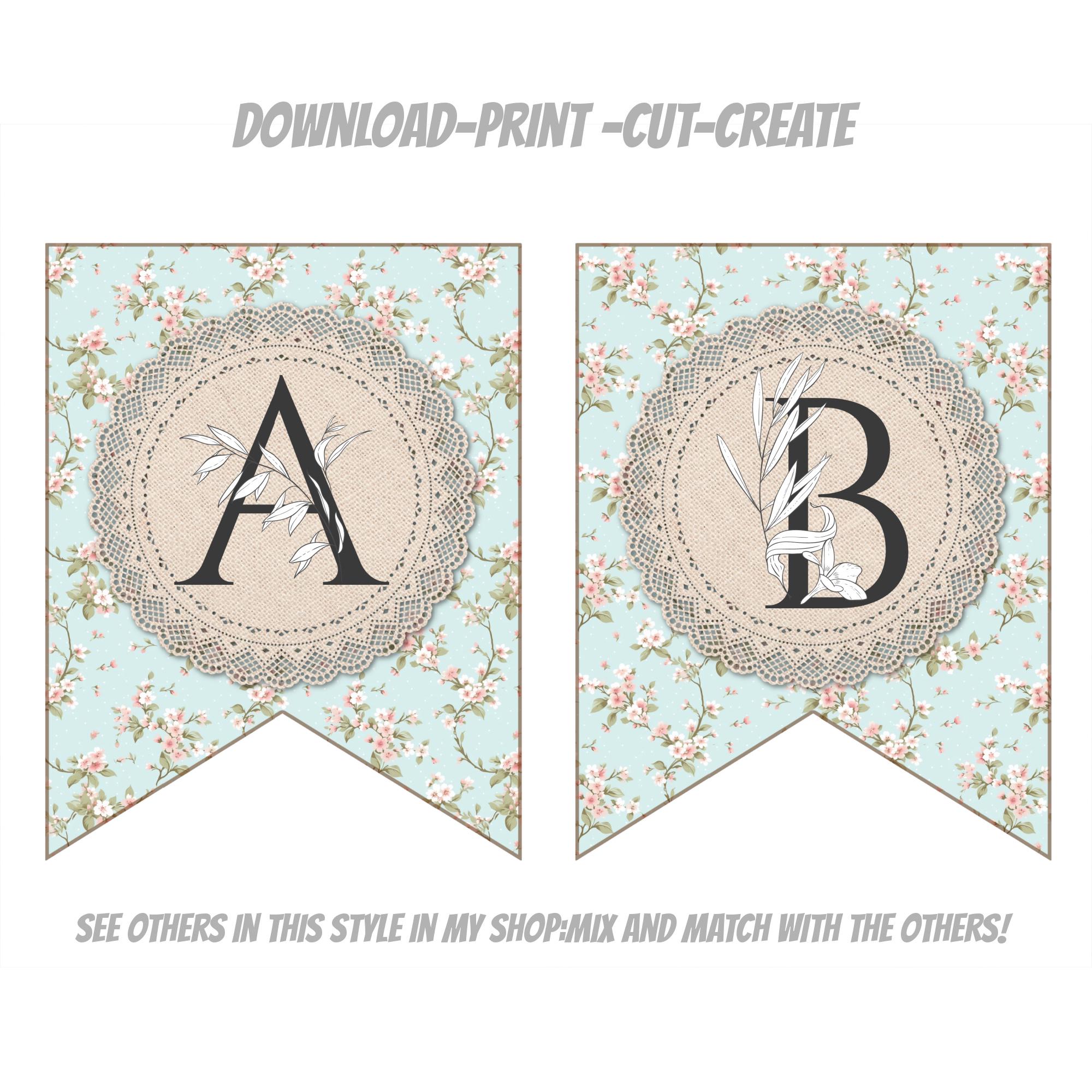 PRINTABLE Vintage Mint Floral Alphabet Bunting Banner Digital Download ...