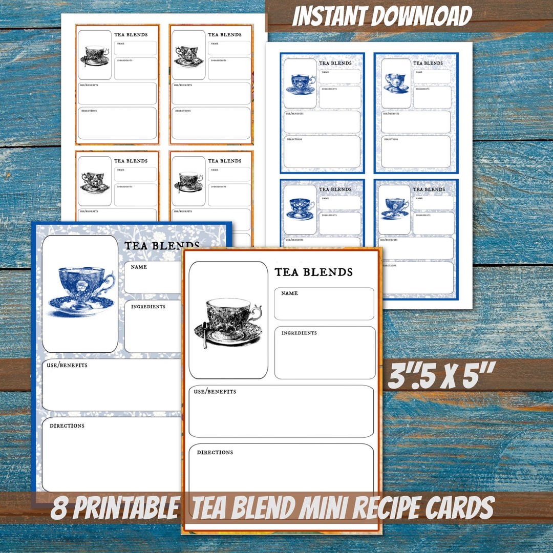 8 PRINTABLE Tea Blends Blank Mini Recipe Cards With Flowers Homemade ...
