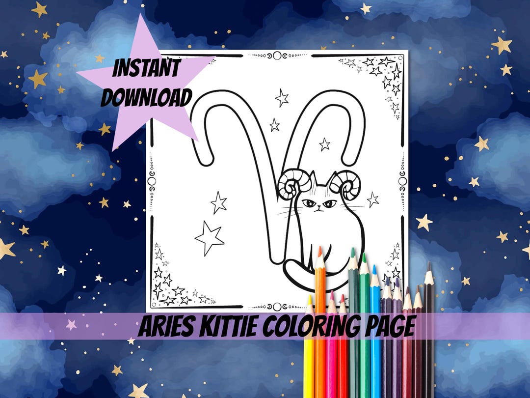PRINTABLE ARIES Zodiac Kittie Coloring Page Digital Horoscope Cat ...