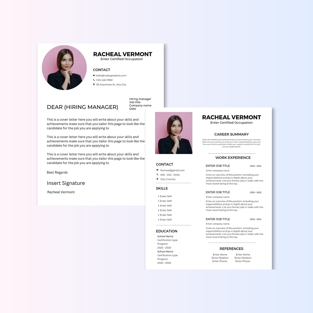 Simple Resume Template With Photo and Cover Letter Editable Canva ...