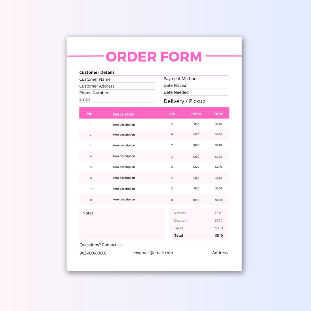 Editable Custom Order Form Canva Template in Pink Purchase Form - Etsy