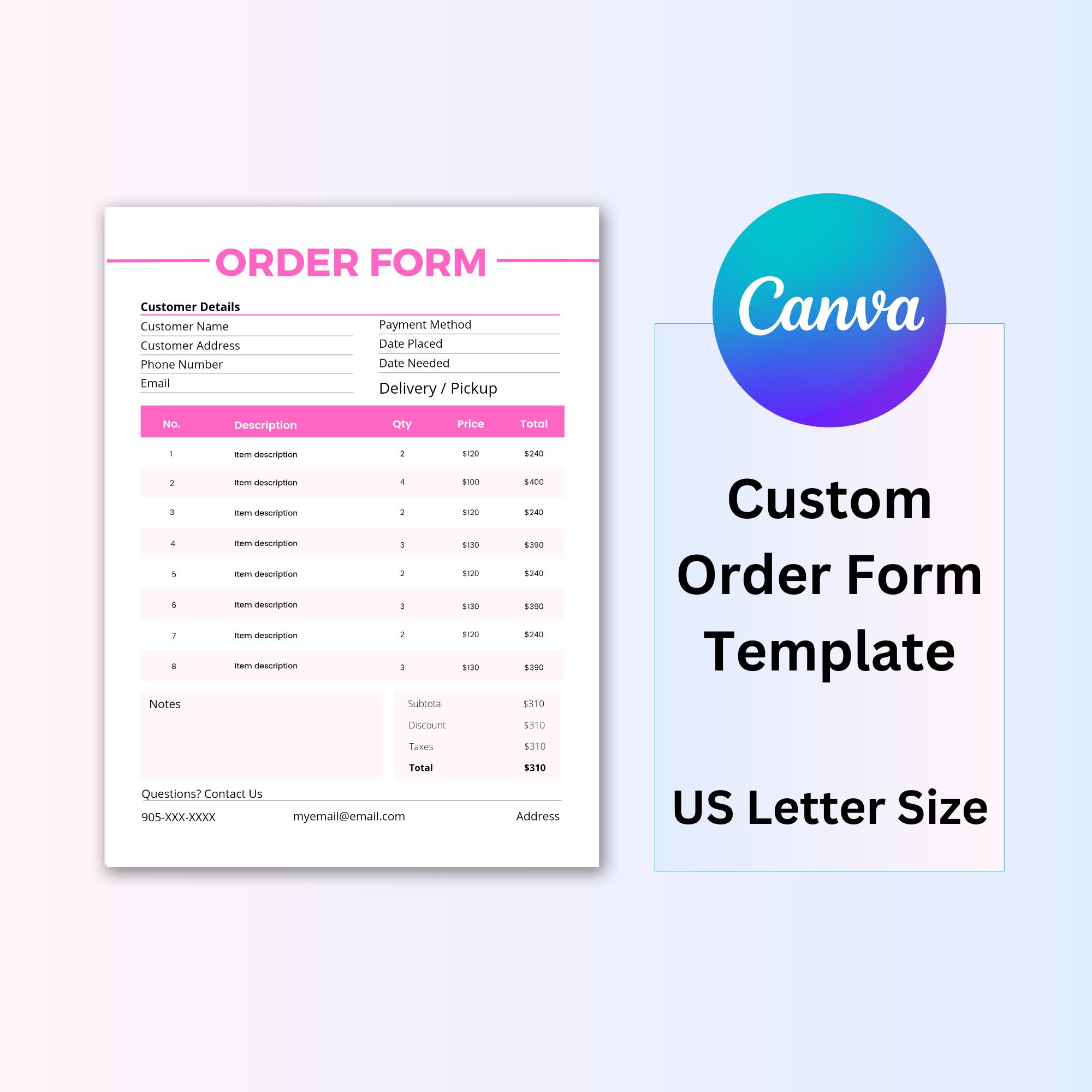 Editable Custom Order Form Canva Template in Pink Purchase Form - Etsy
