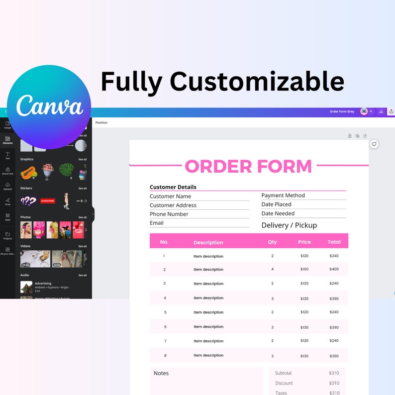 Editable Custom Order Form Canva Template in Pink Purchase Form - Etsy