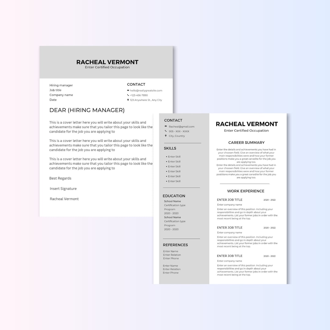 Grey Accent Resume Template and Cover Letter Editable Canva Template - Etsy