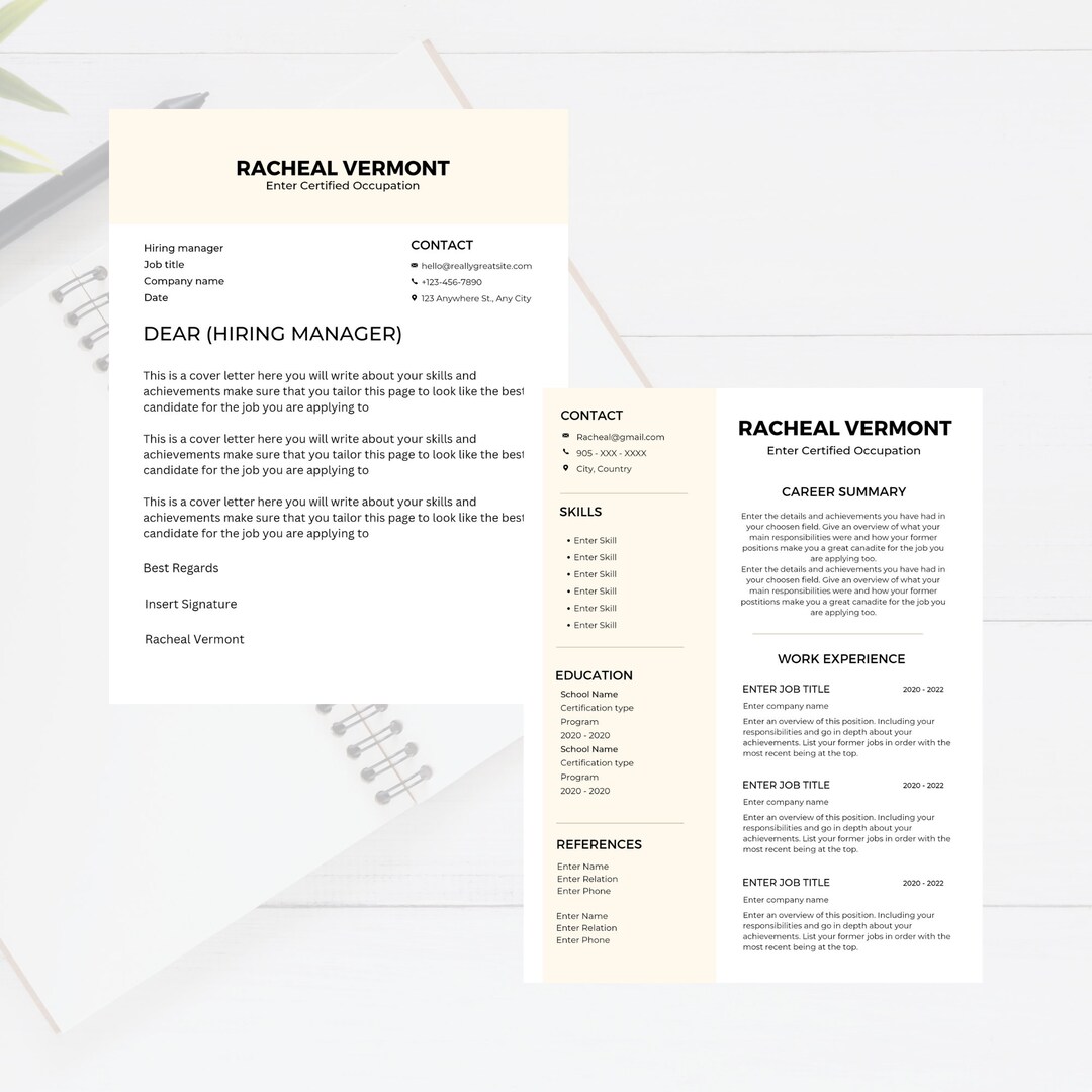 Beige Accent Resume Template and Cover Letter Editable Canva - Etsy