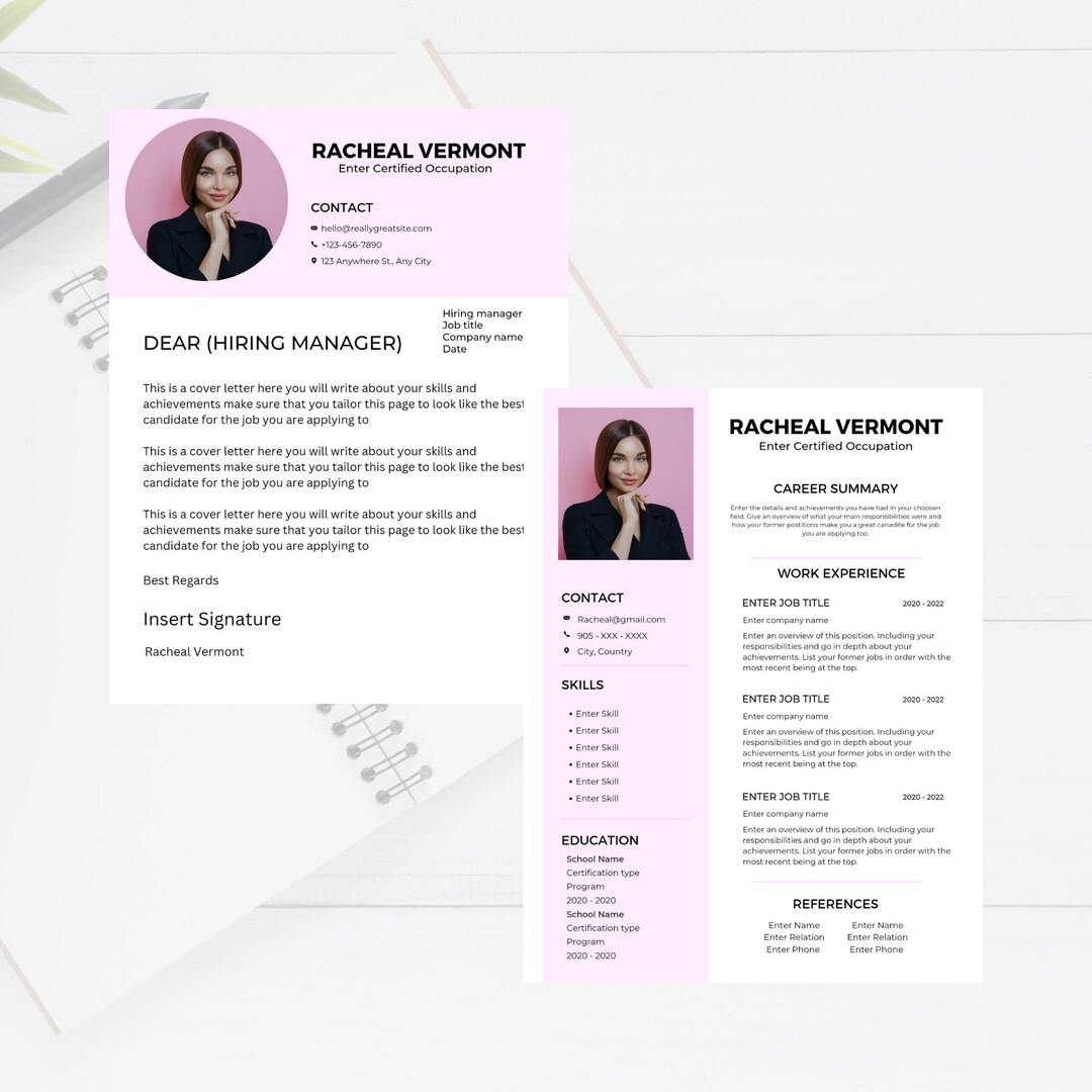 Pink Accent Resume Template With Photo and Cover Letter - Etsy