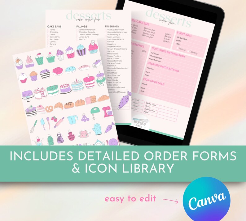 Editable Cake Baker Menu and Order Form Template, Menu Template, Canva ...