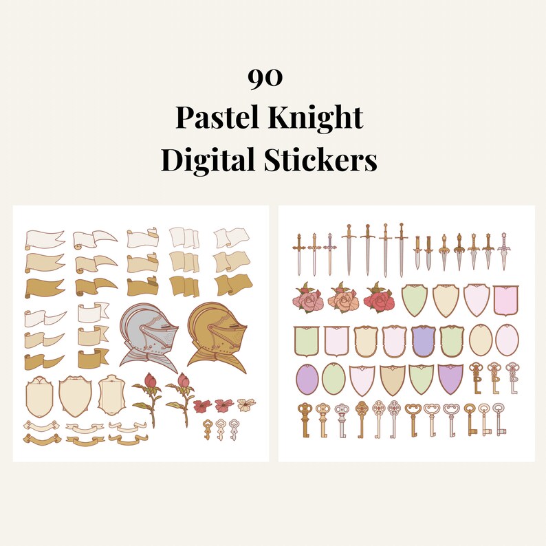 90 Pastel Fantasy Medieval Knight DIGITAL GOODNOTES Planner Stickers ...