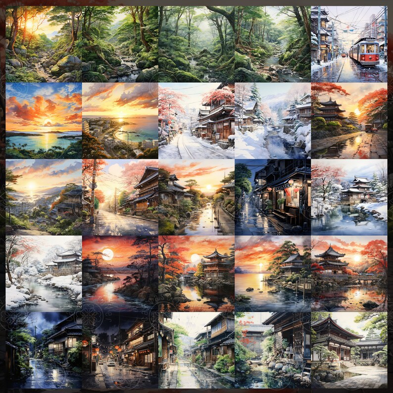 50 Japanese Landscape Bundle, Watercolor Landscape, Digital Art, Landscape Clipart, Printable ...