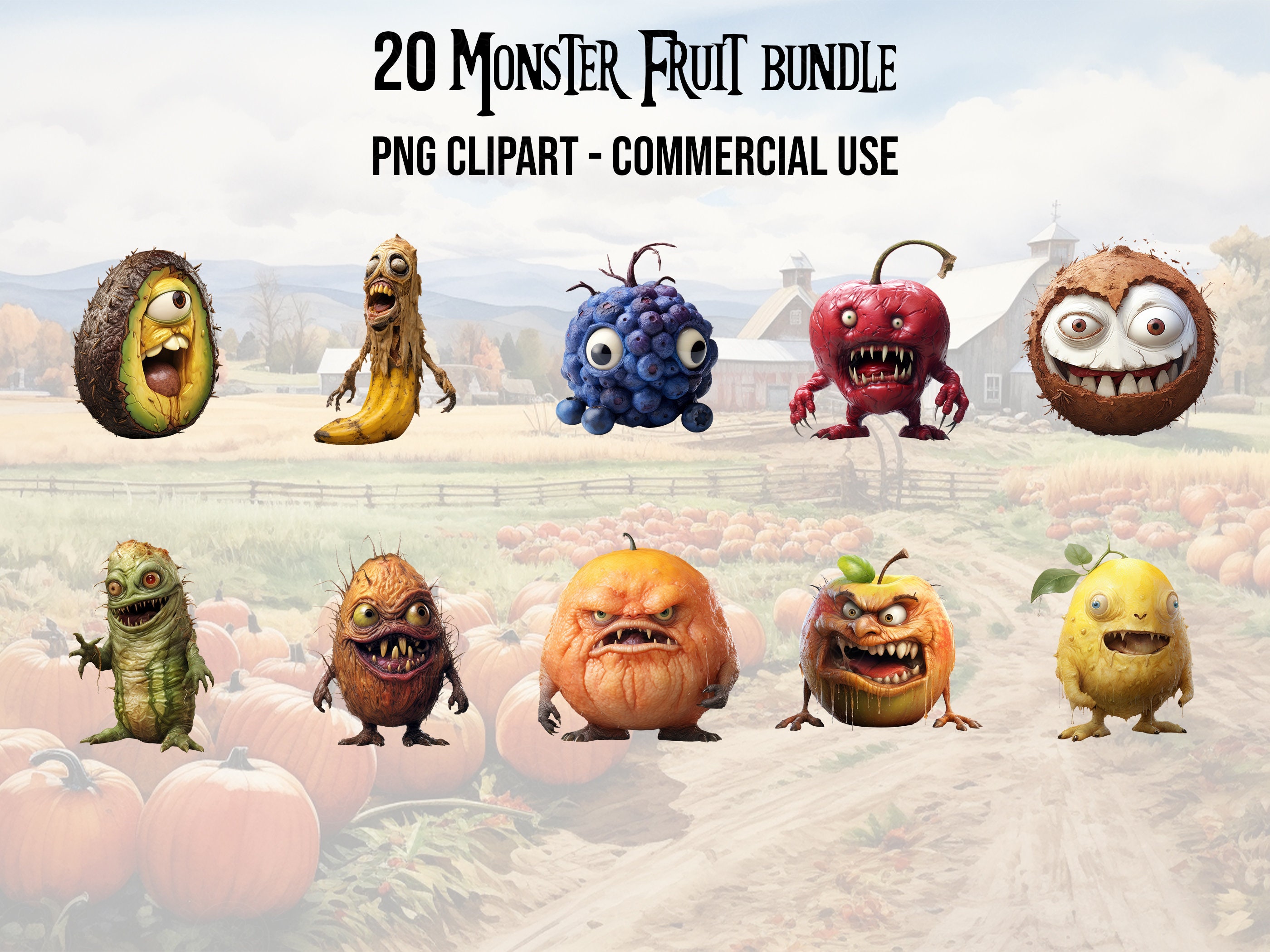 Monster Fruit Watercolor Clipart Bundle 20 PNG, Halloween, Digital Art ...