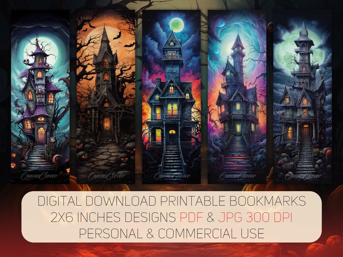 20 Halloween Haunted Houses, Watercolor Clipart, Printable Bookmark ...