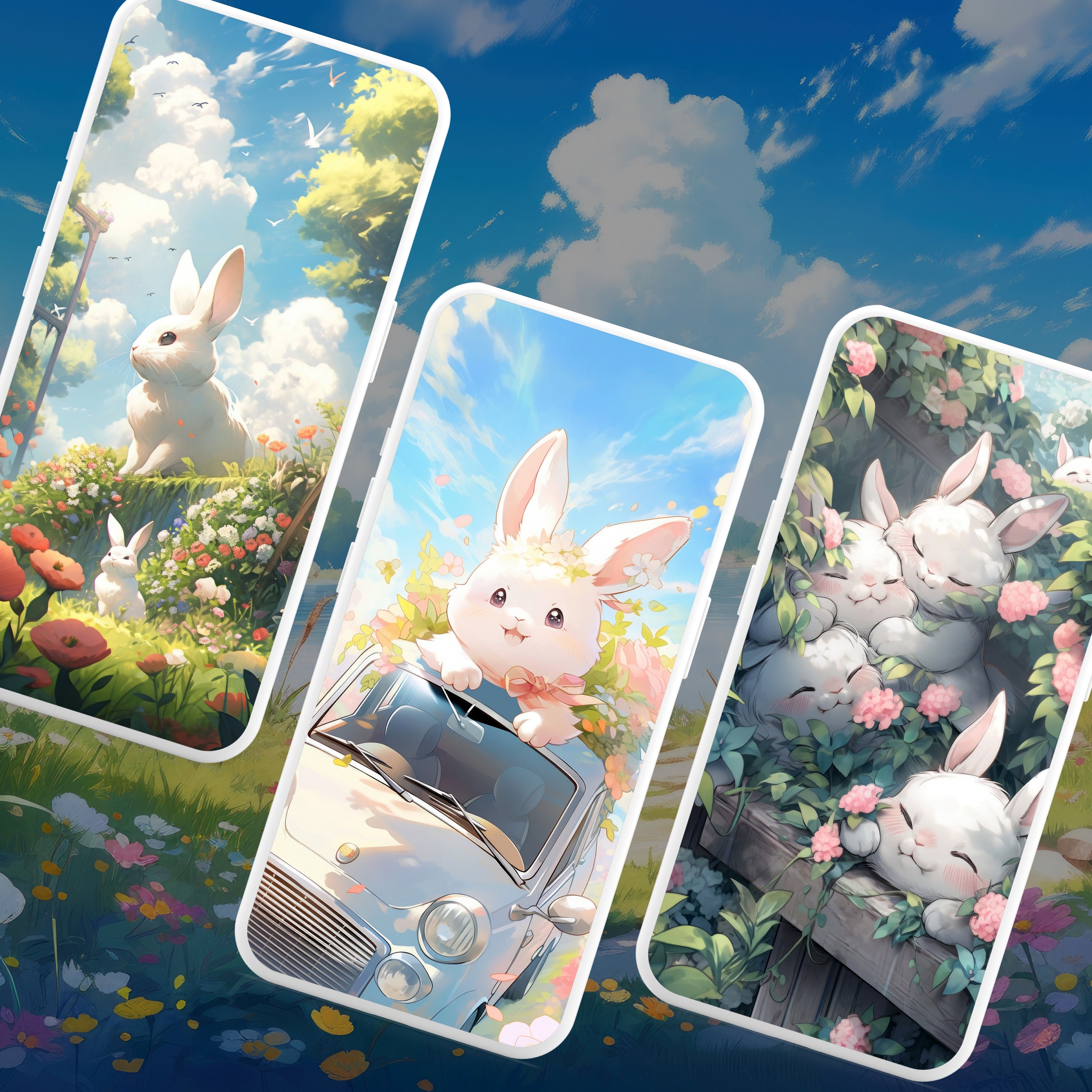 12 Cute Bunnies Wallpaper Bundle, Summer Clipart, Desktop Wallpaper ...