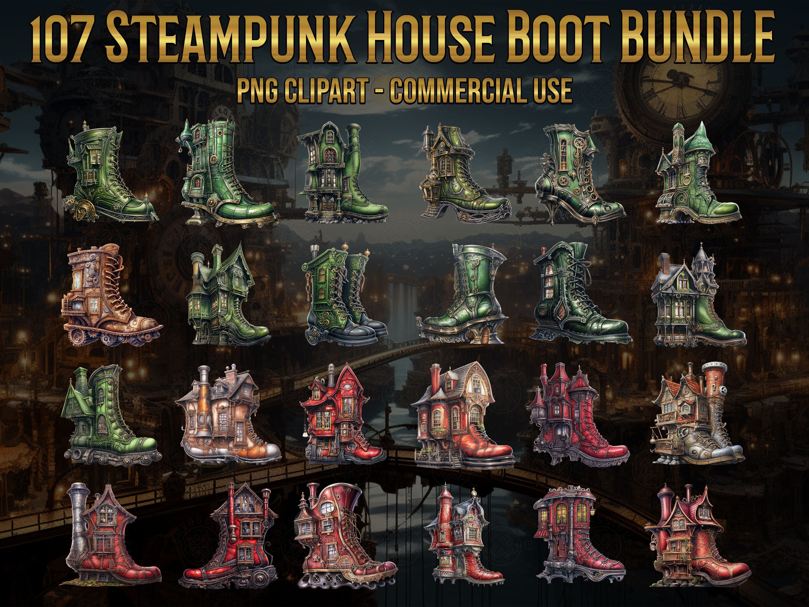 Steampunk House Boot Watercolor Clipart Bundle - 107 PNG, Boot Graphics ...