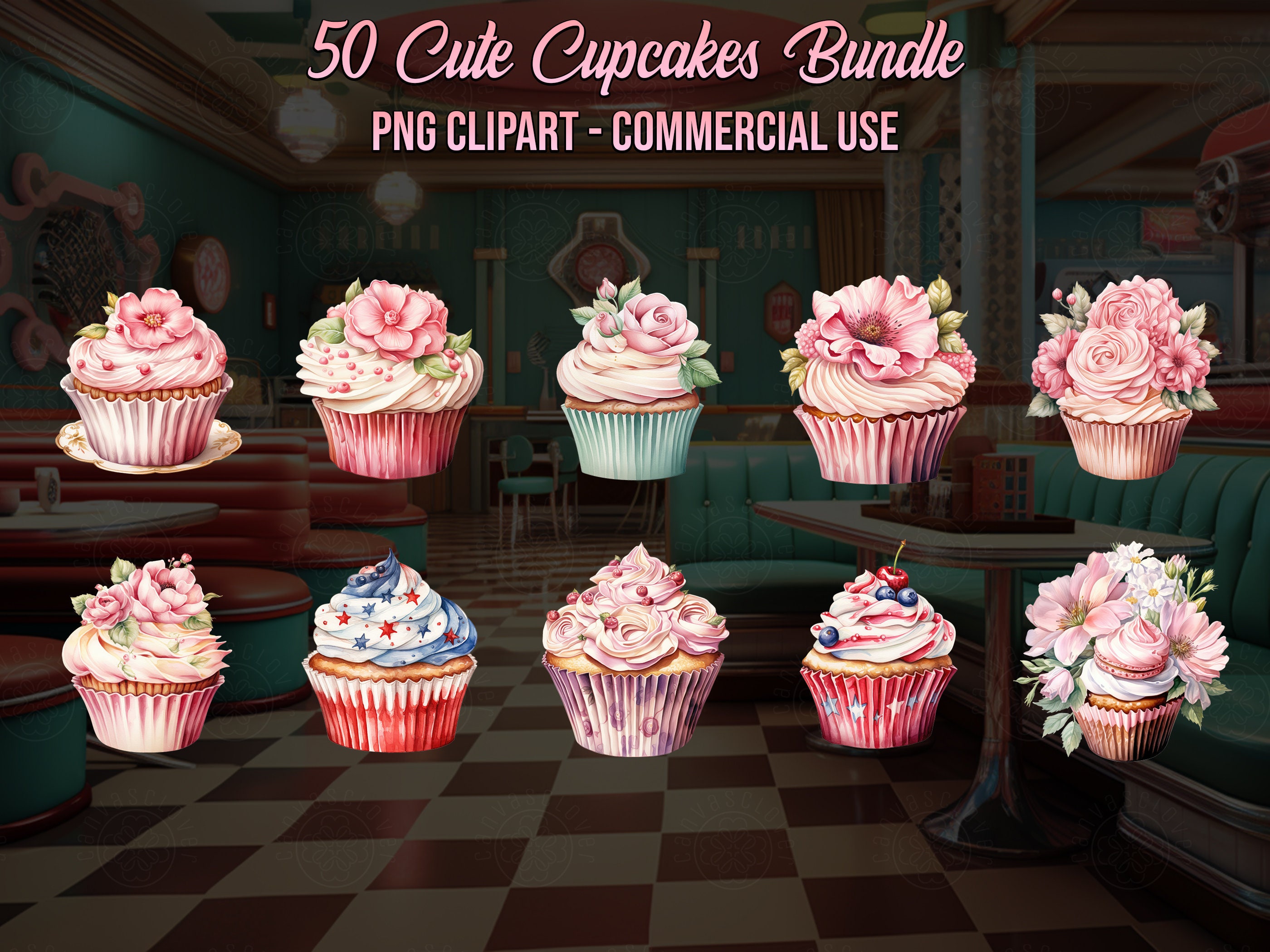 50 Cute Cupcakes, Watercolor Clipart, Digital Art, Sweets Candy, Treats ...