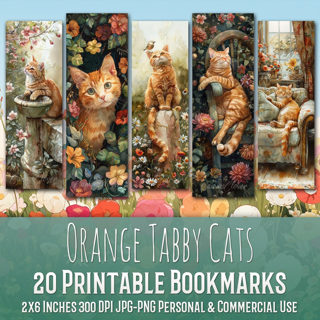 20 Orange Tabby Cats Bookmark Bundle, Sublimation Design, Flowers ...