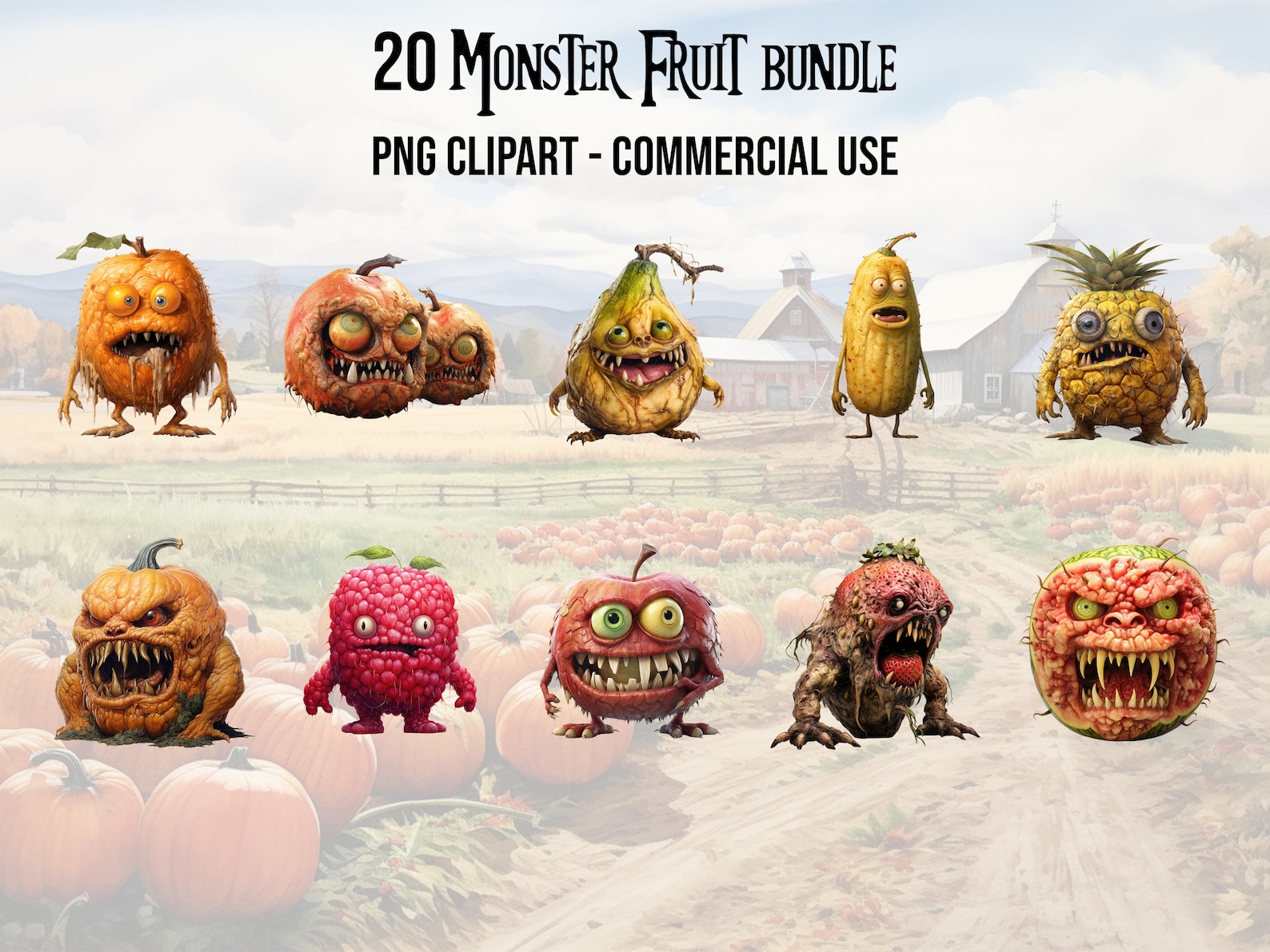 Monster Fruit Watercolor Clipart Bundle - 20 PNG, Halloween, Digital ...