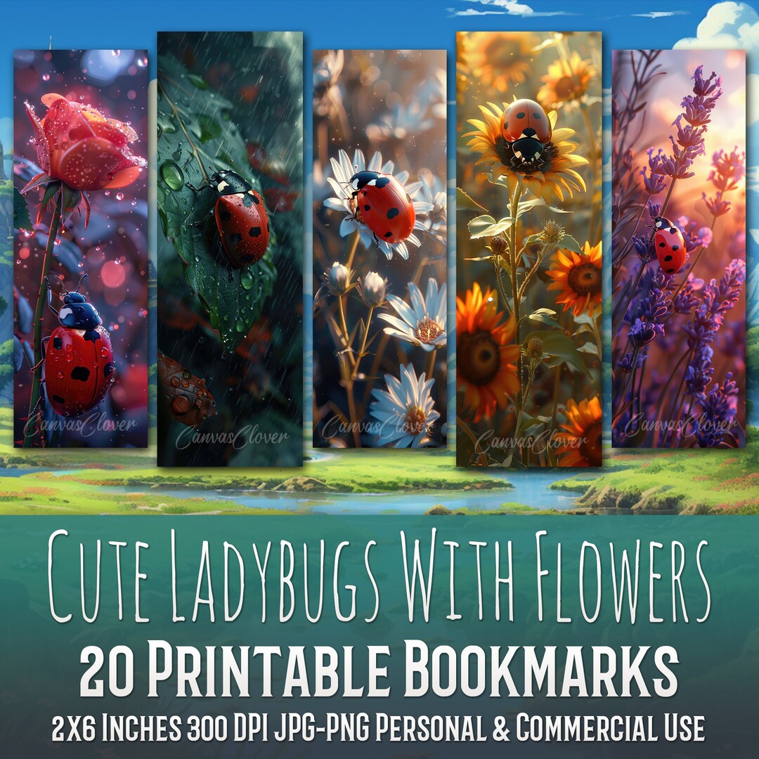 20 Cute Ladybugs Bookmark Bundle, Sublimation Design, Landscape ...