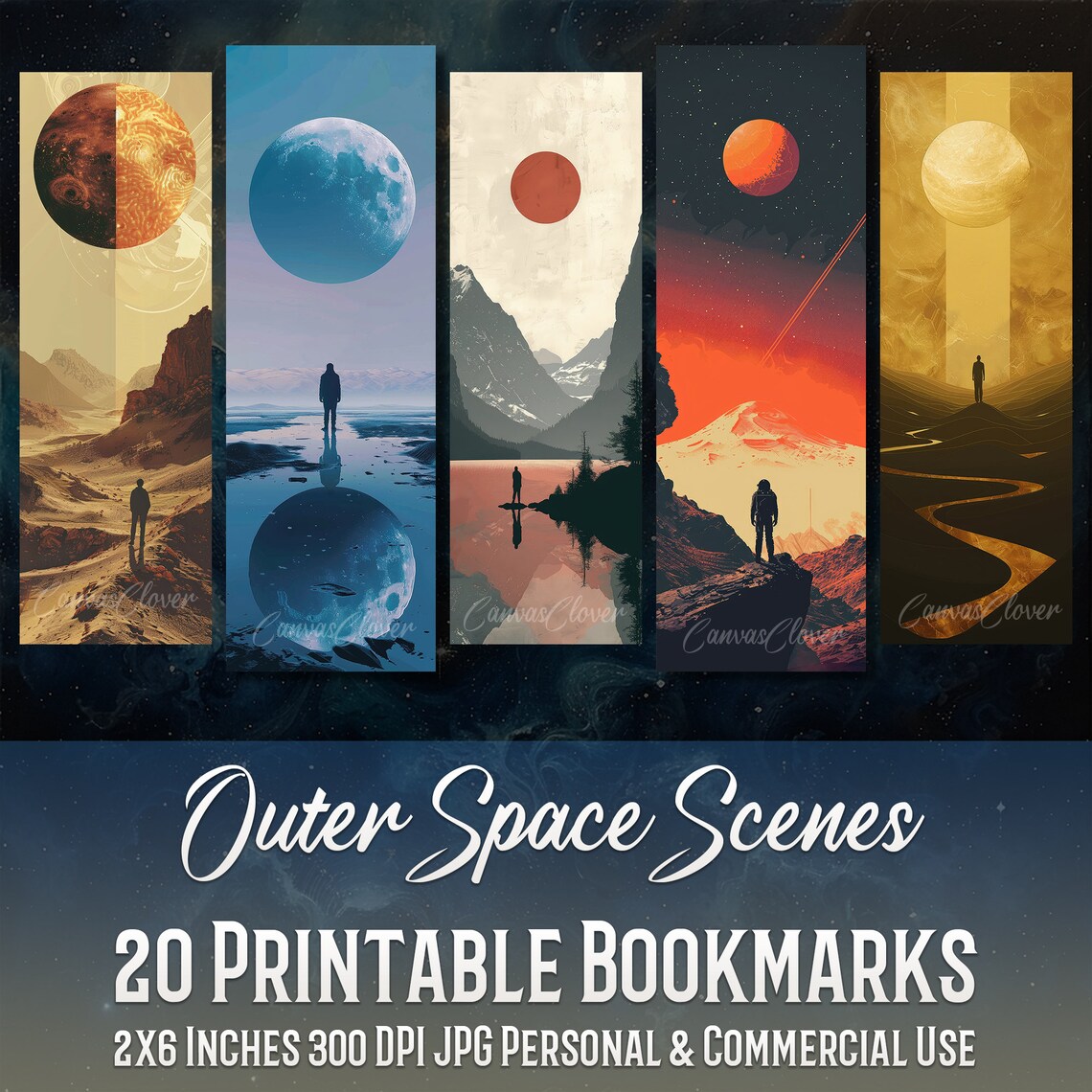 Outer Space Bookmarks, Planet Landscape Watercolor Clipart (JPG Bundle ...