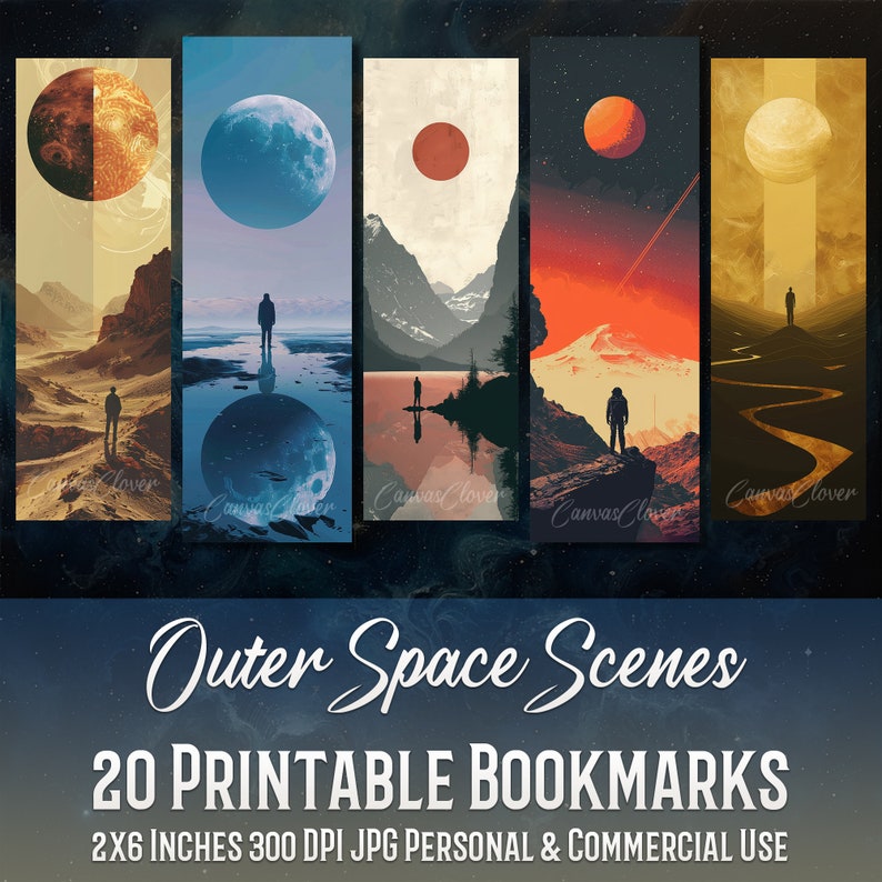 Outer Space Bookmarks, Planet Landscape Watercolor Clipart (JPG Bundle ...