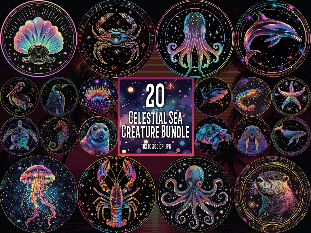 20 Celestial Sea Creature Bundle, Watercolor, Digital Art, Paper ...