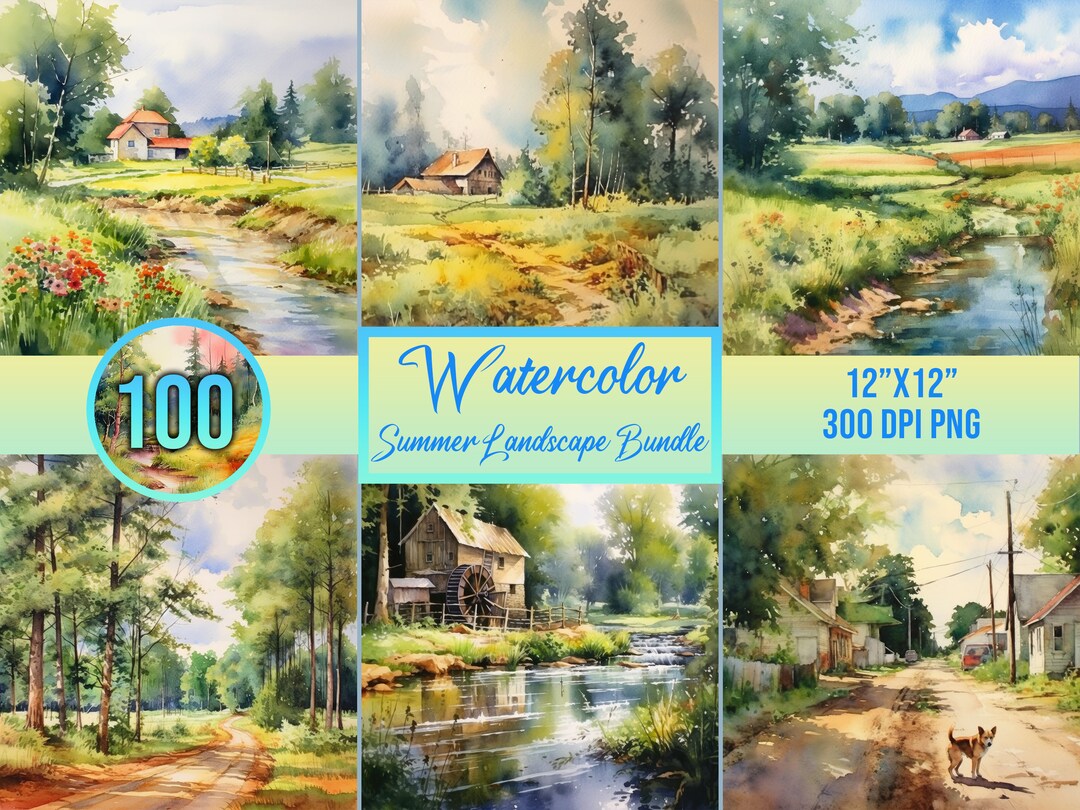 100 Summer Landscape Bundle, Watercolor Landscapes, Digital Art, Journal Paper, Printable ...