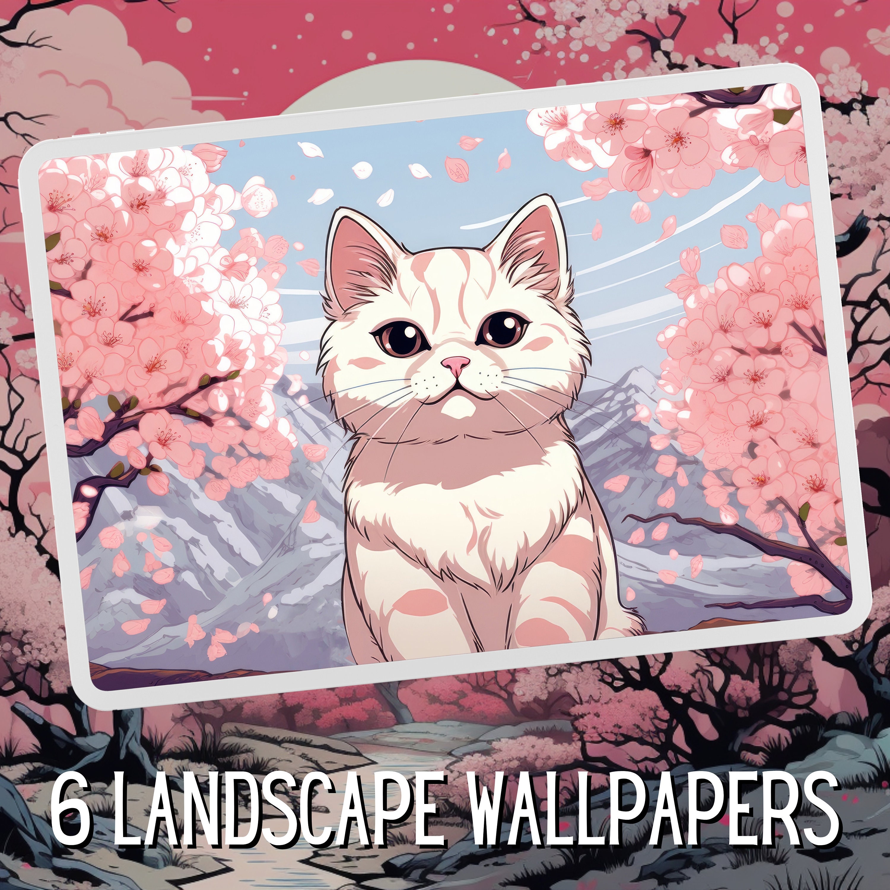 12 Cherry Blossom Cat Wallpaper Bundle, Japanese Wallpaper, Desktop ...