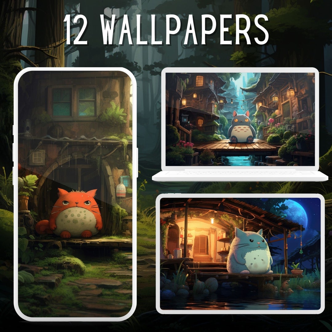 12 Cute Chubby Cats Wallpaper Bundle, Ghibli Studios, Desktop Wallpaper ...
