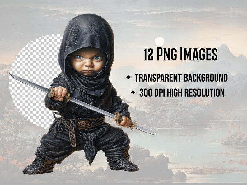 12 Baby Ninjas Bundle, Watercolor Cute Ninjas, Digital Art, Japanese ...