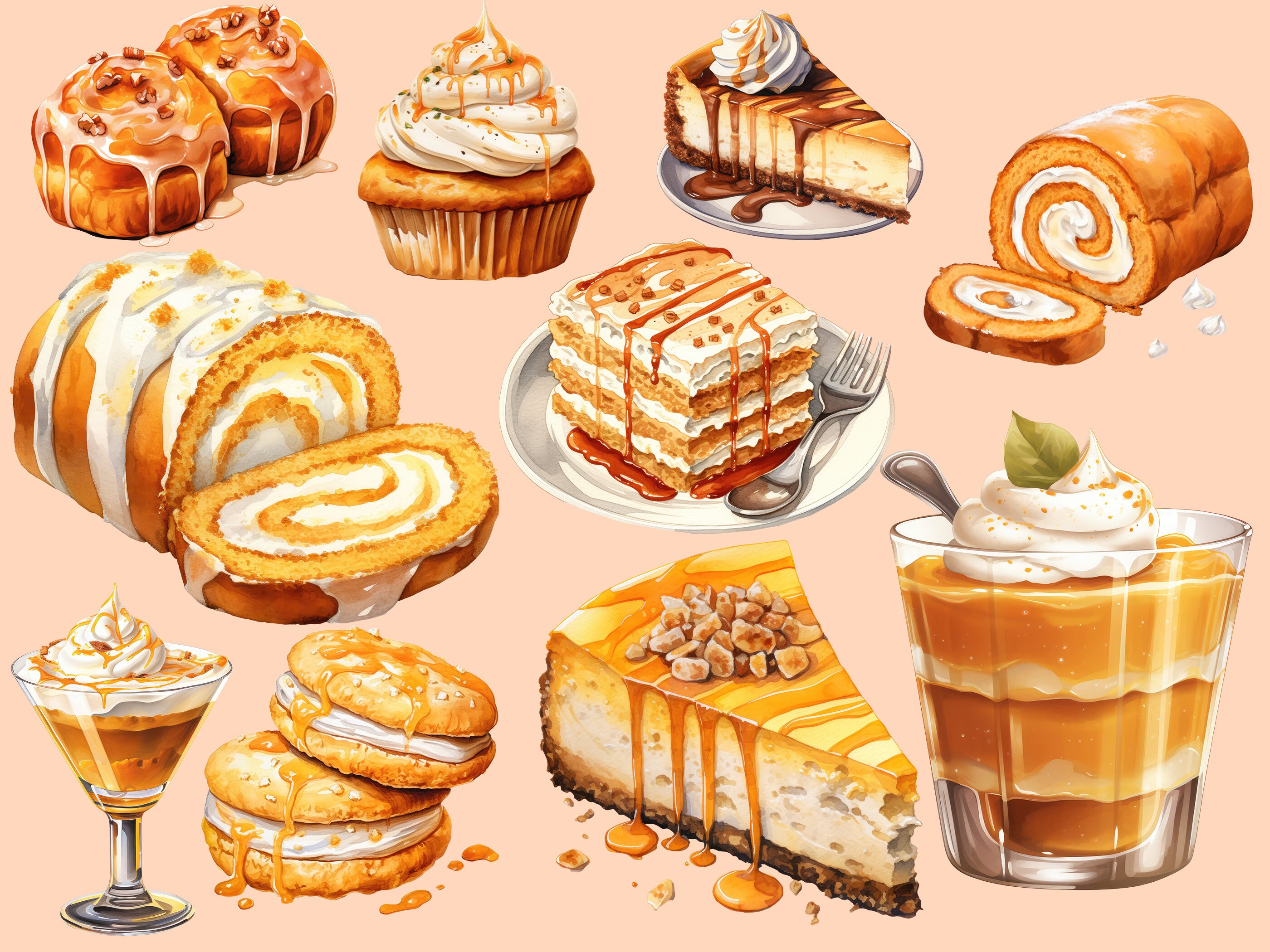 Pumpkin Spice Treats Watercolor Clipart Bundle - 77 PNG Images, Instant ...