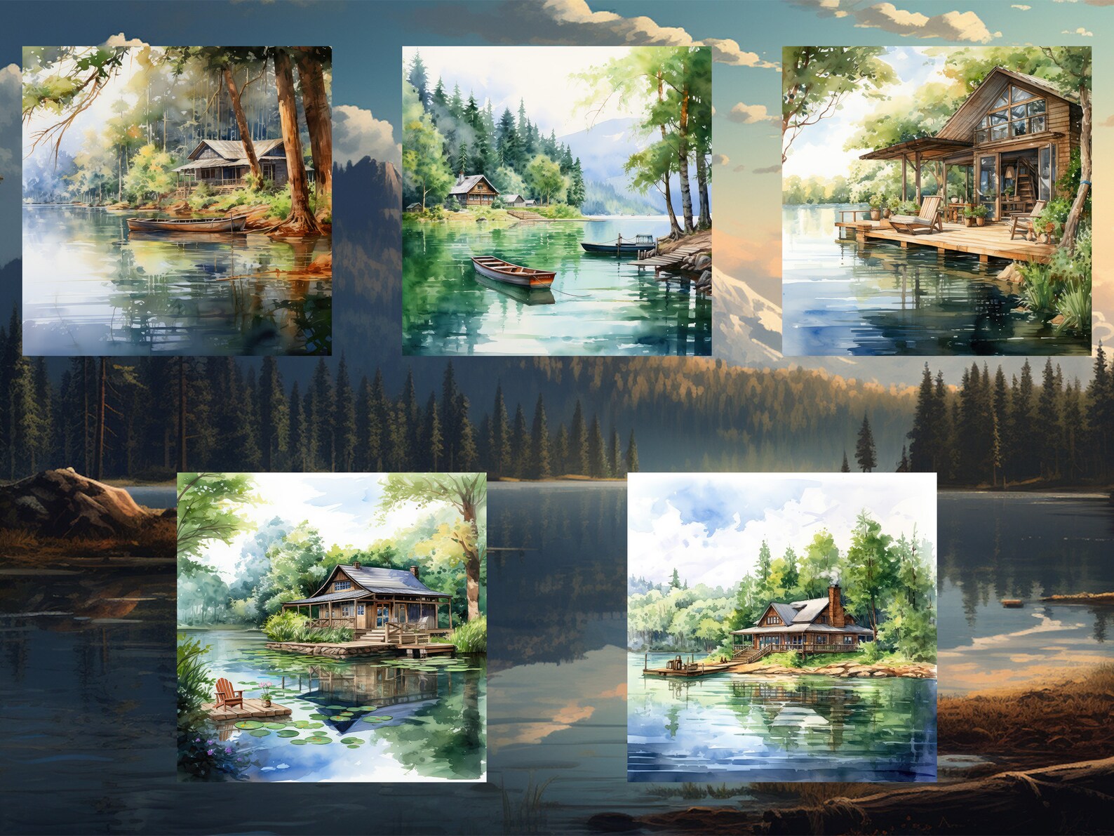 20 Lake Scene Bundle Watercolor Clipart Digital Art Paper - Etsy