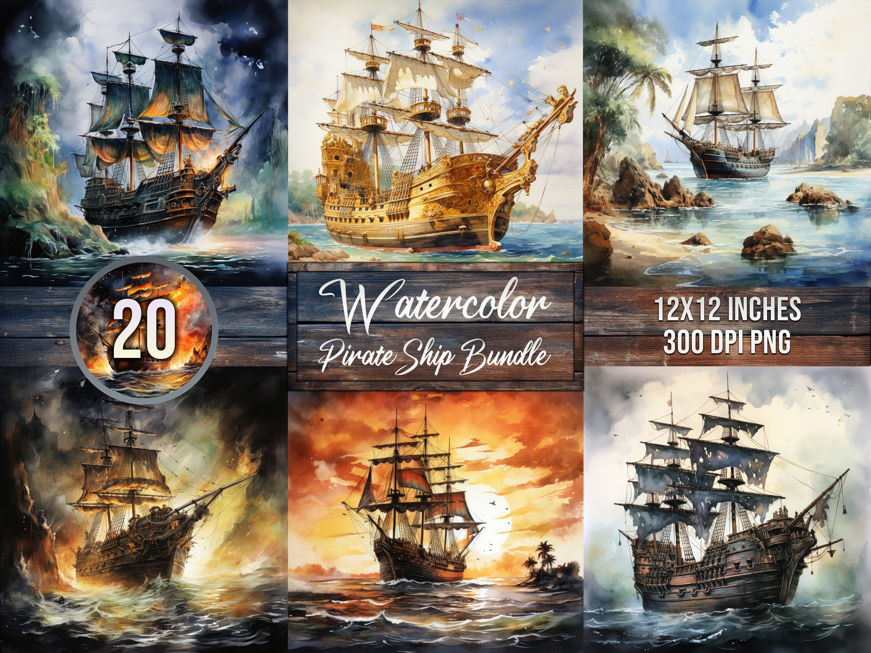 20 Pirate Ship Bundle, Watercolor Clipart, Digital Art, Paper, Dark ...