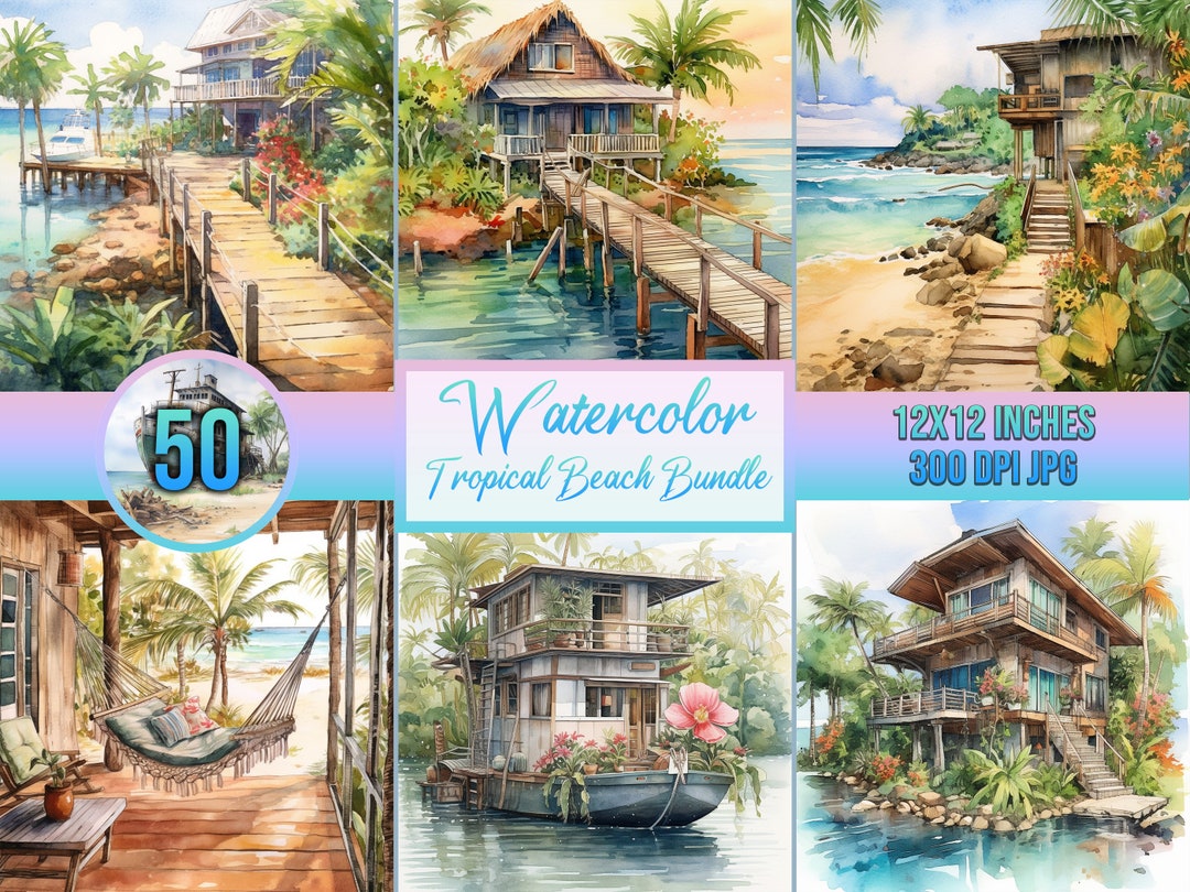 50 Tropical Beach Bundle, Watercolor Seaside, Digital Art, Paper ...