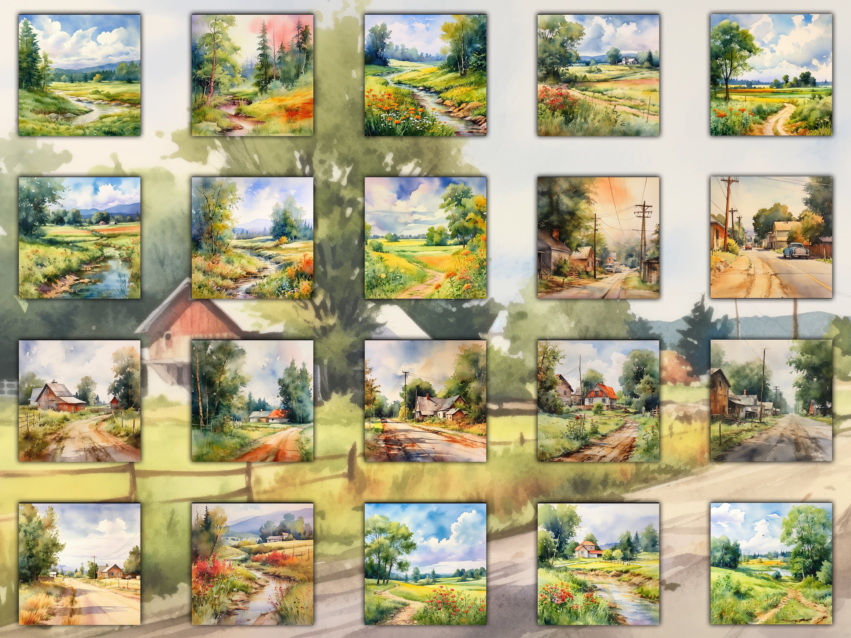 100 Summer Landscape Bundle, Watercolor Landscapes, Digital Art, Journal Paper, Printable ...