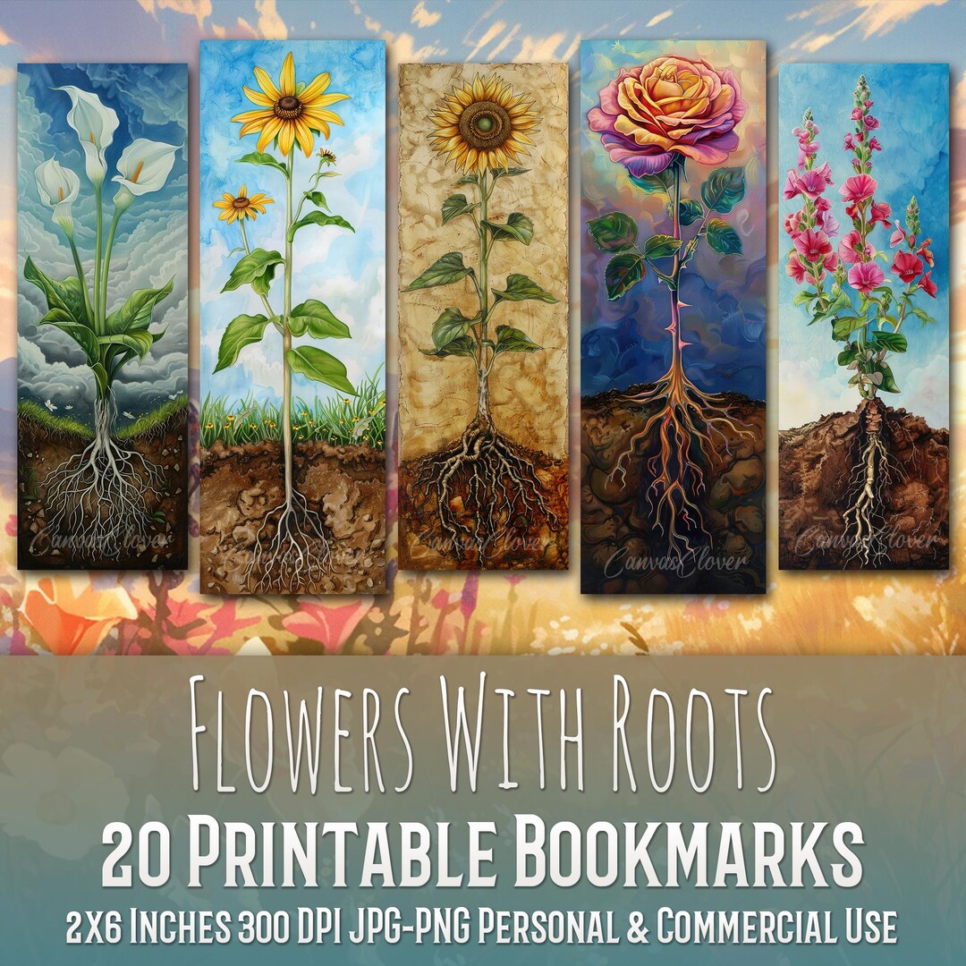 20 Flowers With Roots Bookmark Bundle, Sublimation Design, Bookmark Set ...