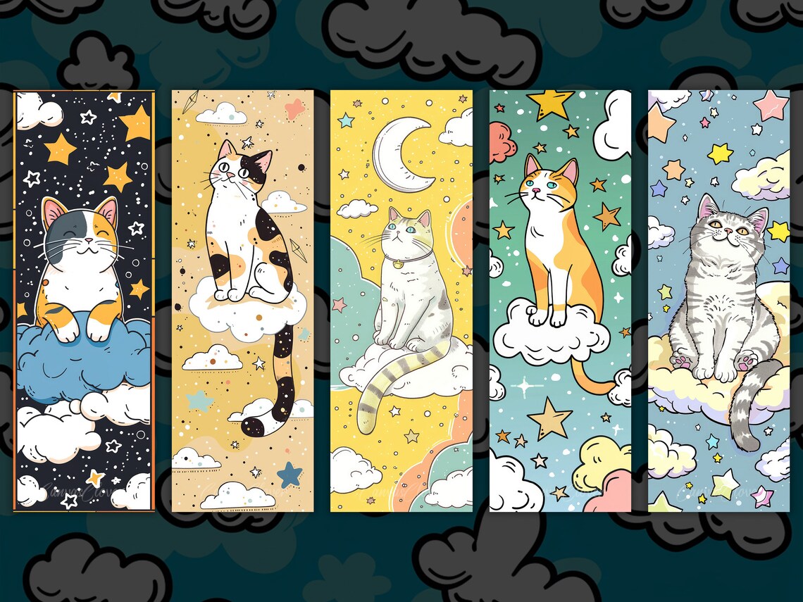 20 Cats Sitting on Clouds Bookmark Bundle, Sublimation Design ...