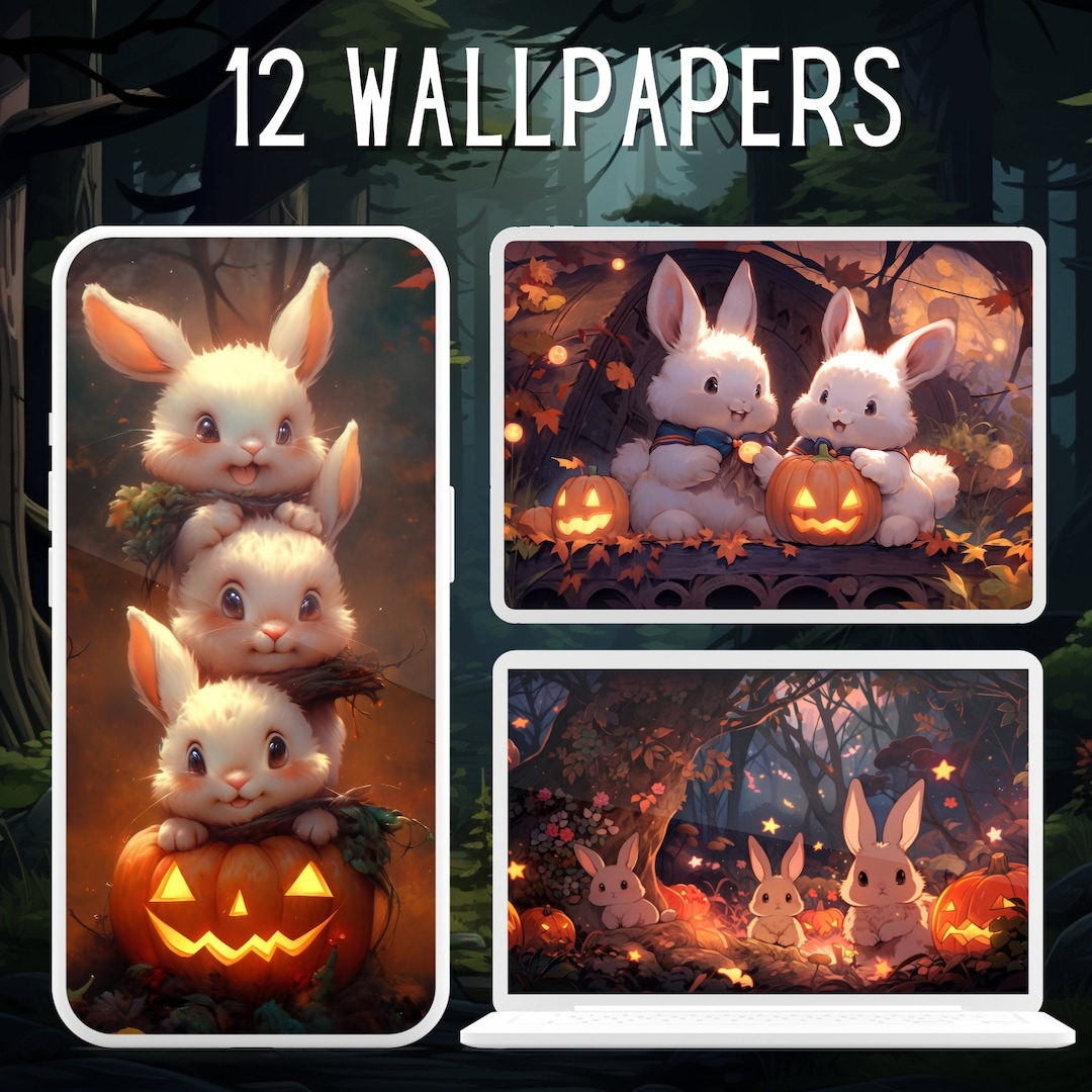 12 Cute Halloween Bunnies Wallpaper Bundle, Desktop Wallpaper, Mobile ...