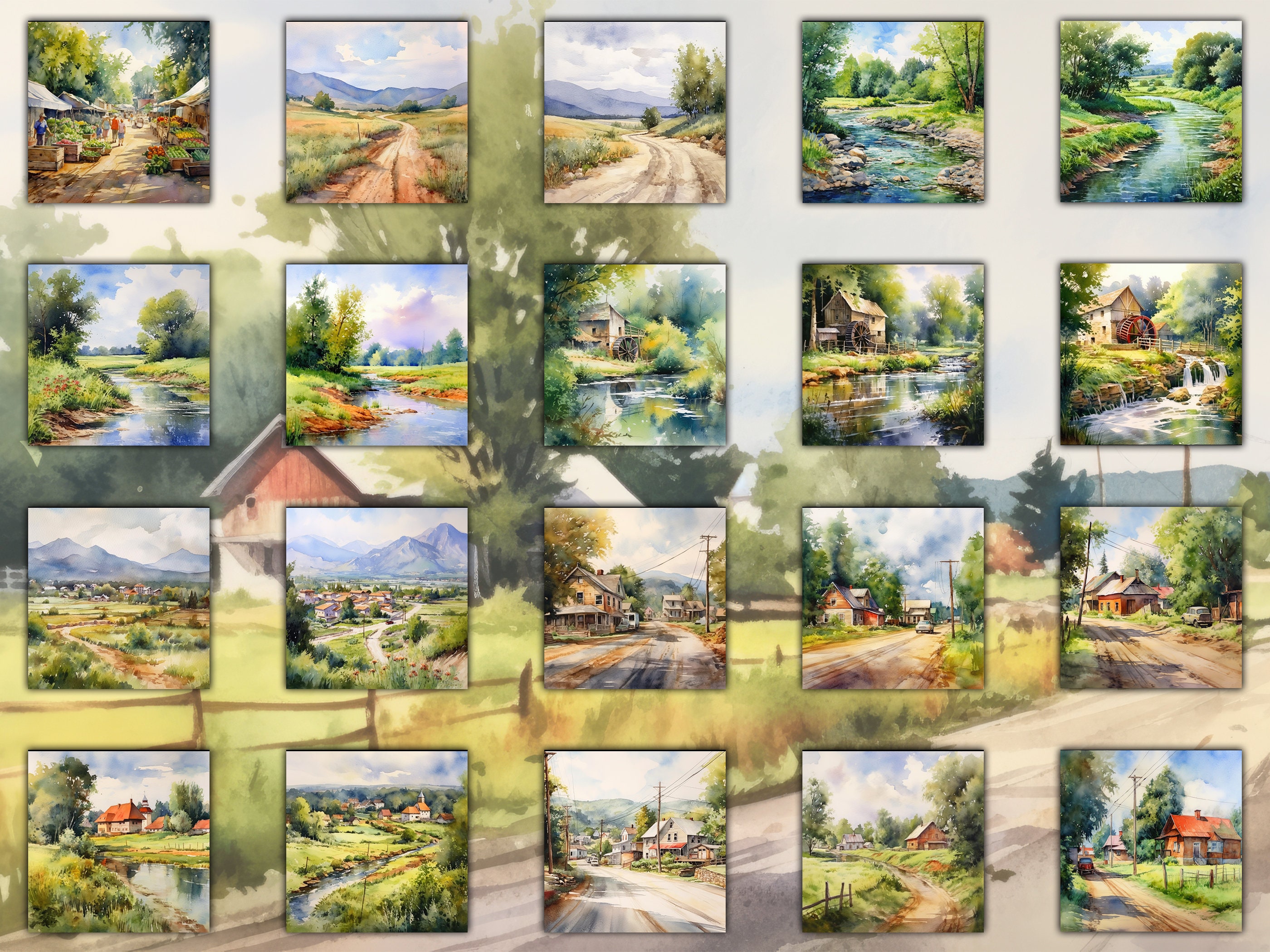 100 Summer Landscape Bundle, Watercolor Landscapes, Digital Art, Journal Paper, Printable ...