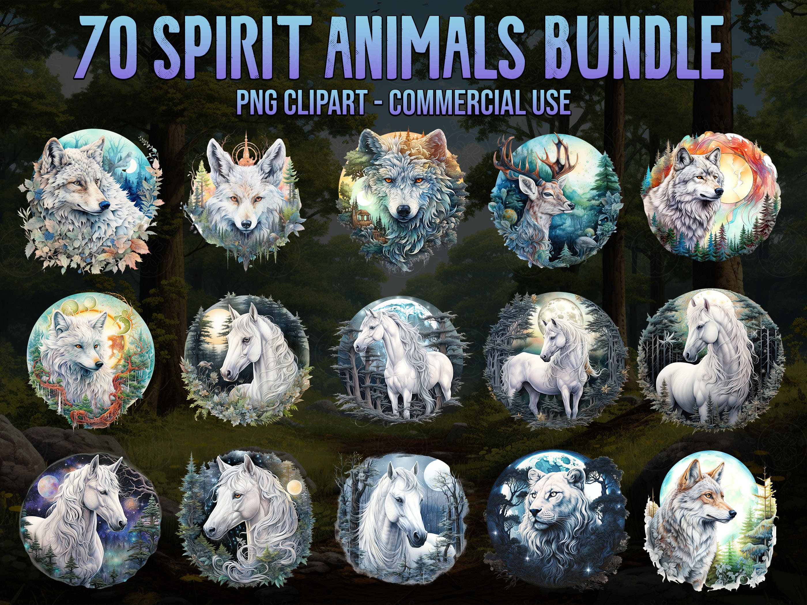 Spirit Animals Watercolor Clipart Bundle 70 PNG, Mystical Animals ...