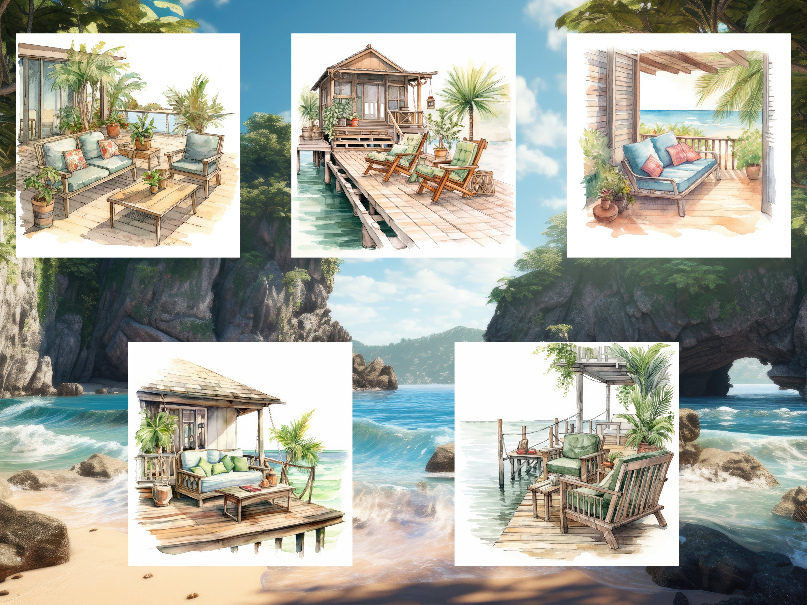 20 Watercolor Cozy Tropical Beach Bundle, Watercolor Beach, Digital Art ...