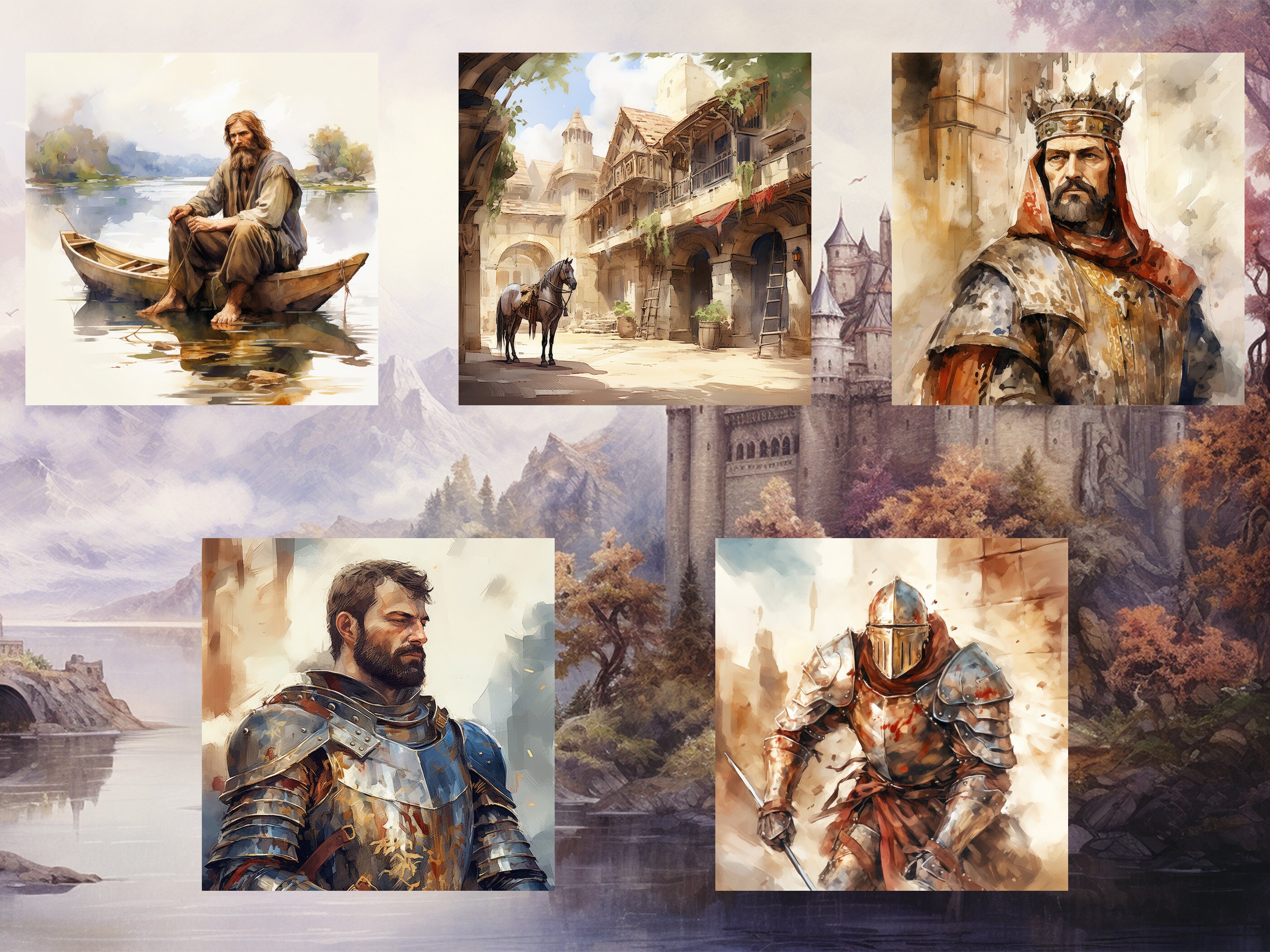 20 Medieval Bundle, Watercolor Clipart, Digital Art, Paper, Knight ...